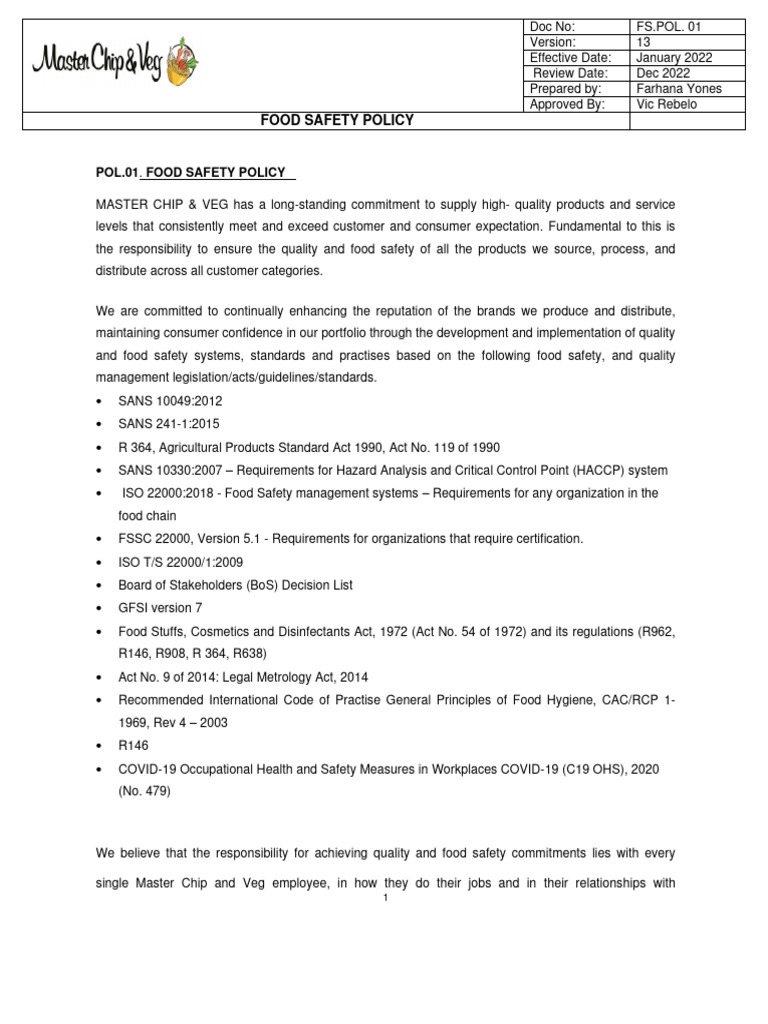 Master Chip & Veg Food Safety Policy | PDF | Food Safety | Safety