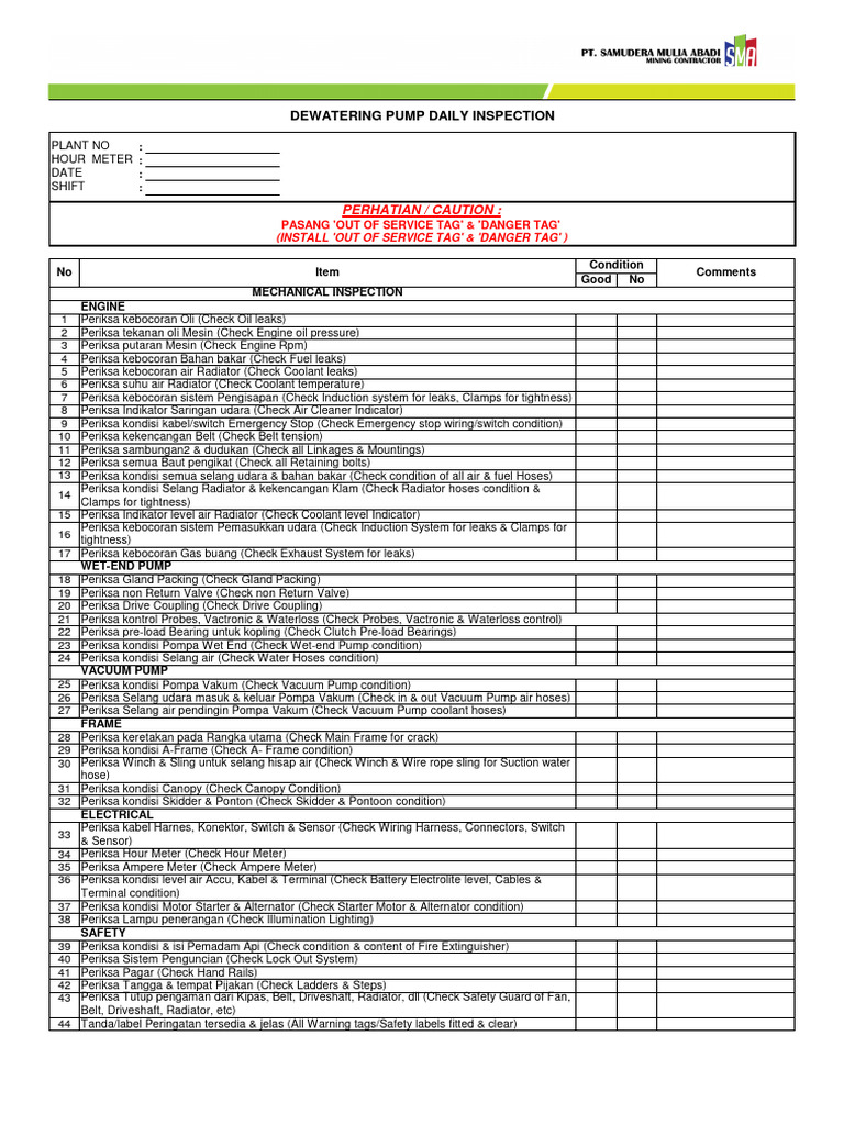 Daily Inspection - Dewatering Pump | PDF | Leak | Radiator