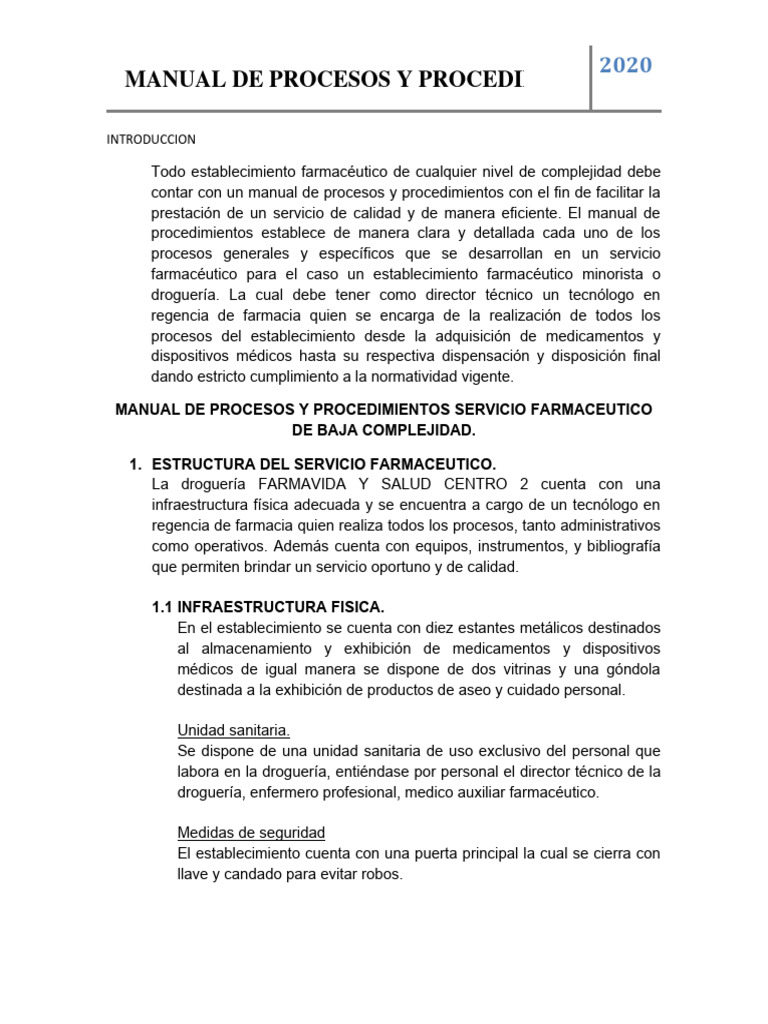 MANUAL DE PROCESOS Y PROCEDIMIENTO Dro 2 | PDF | Farmacéutico | Farmacia