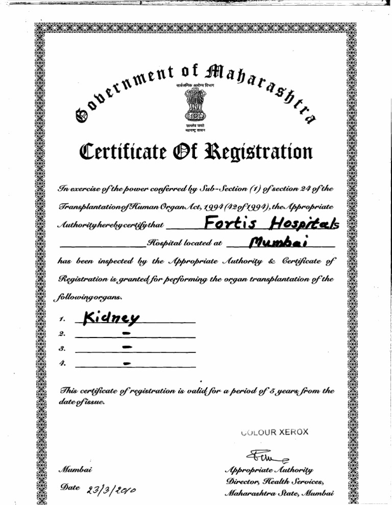 Kidney Transplant Registered Certificate | PDF
