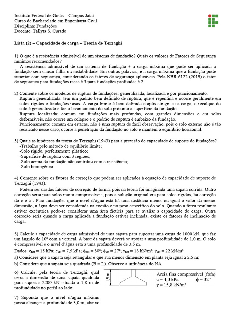 Lista 02 - Capacidade de Carga - Teoria de Terzaghi | PDF