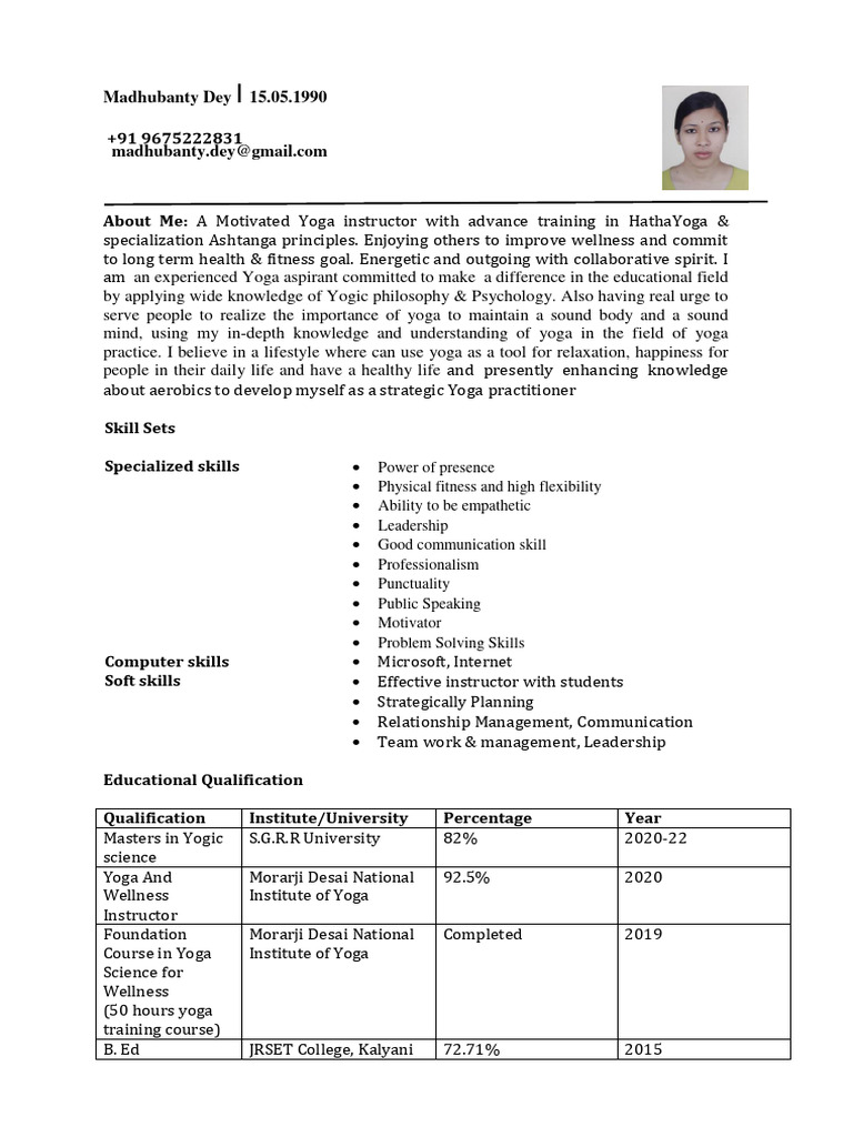 Madhubanty Dey - Resume Final | PDF | Yoga | Meditation