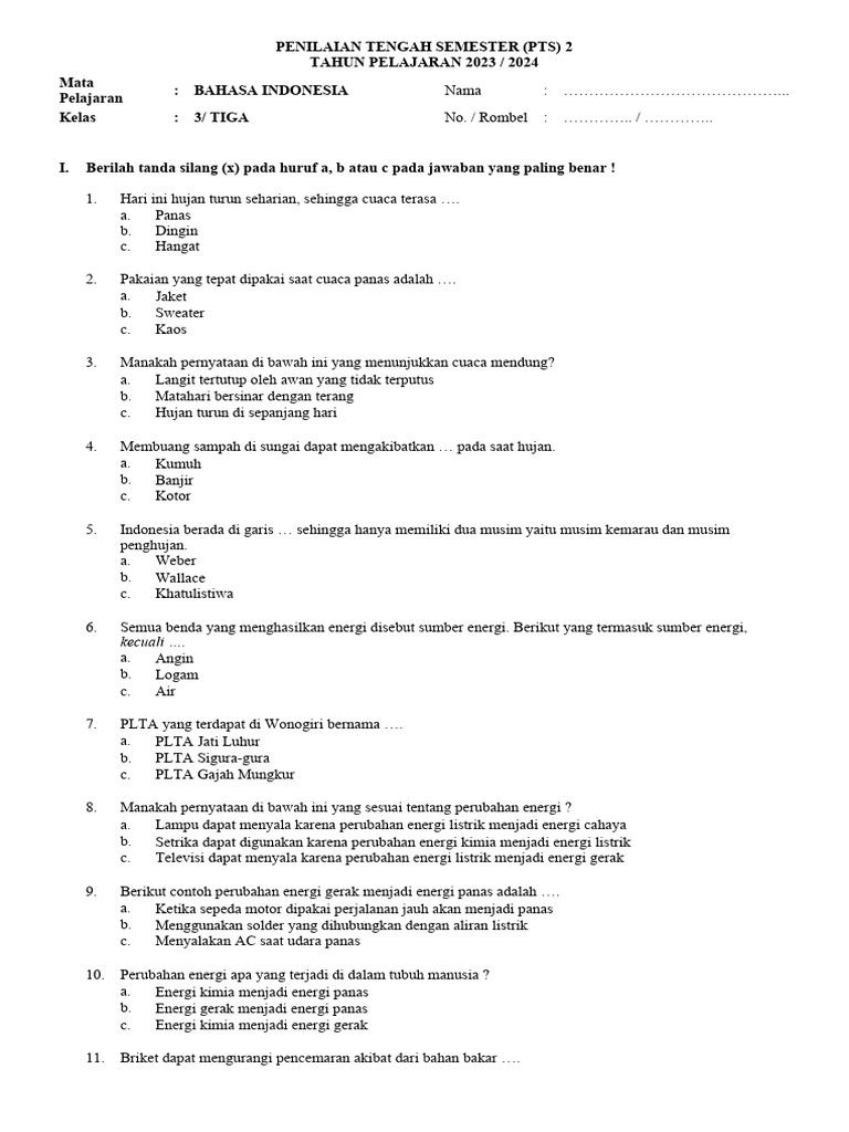SOAL PTS B.indo KELAS 3 | PDF