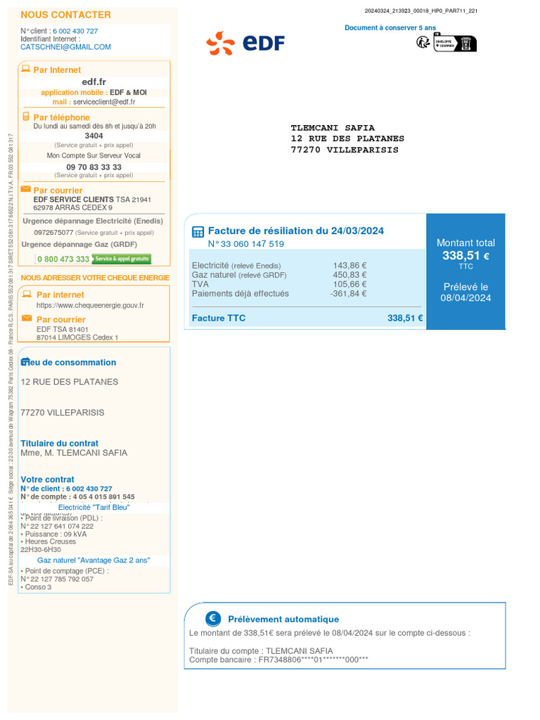 Facture EDF de résiliation - TLEMCANI | PDF
