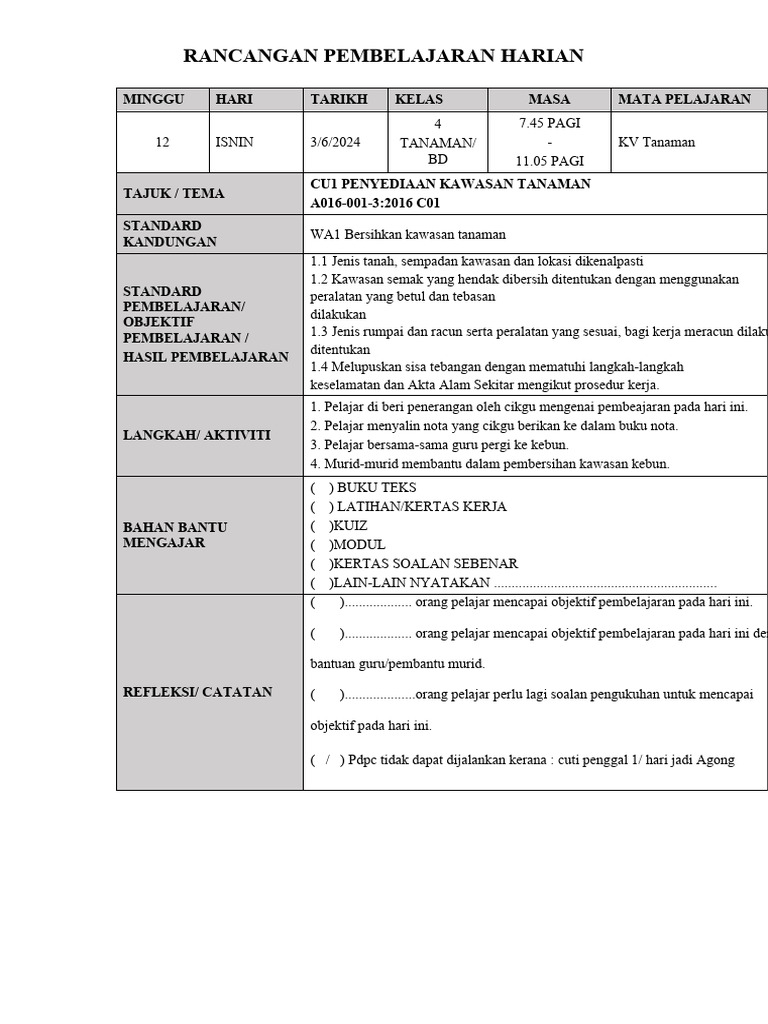 Rancangan Pembelajaran Harian: Minggu Hari Tarikh Kelas Masa Mata ...