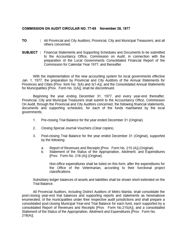 Coa Circular No. 77 65 November 28 1977 | PDF | Audit | Financial Statement