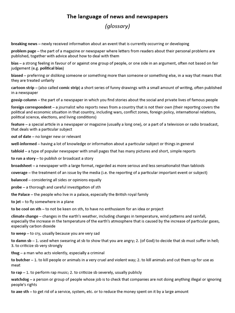 The Language of News and Newspapers - Glossary | PDF | Newspapers | News