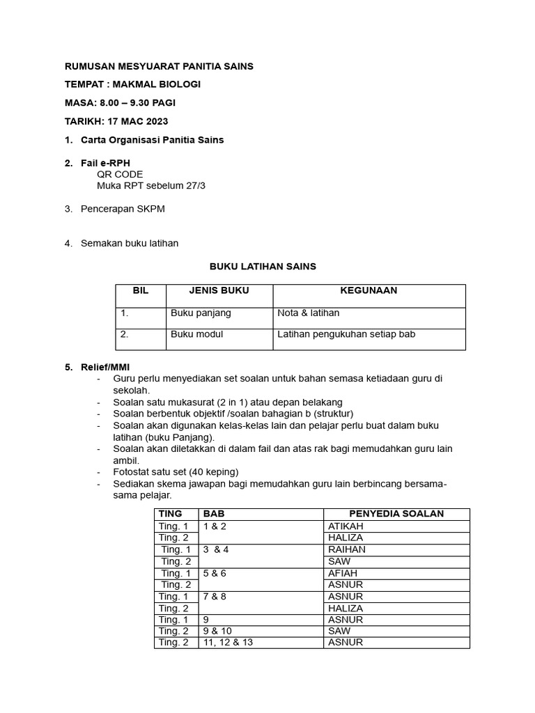Rumusan Mesyuarat Panitia Sains | PDF