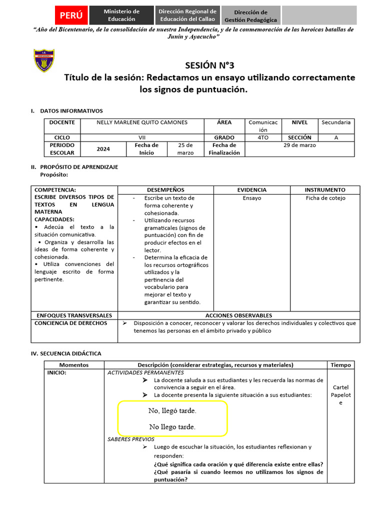 Sesión N°3 - 4to Sec Comunicacion 2024 Nelly | PDF | Maestros | Puntuación