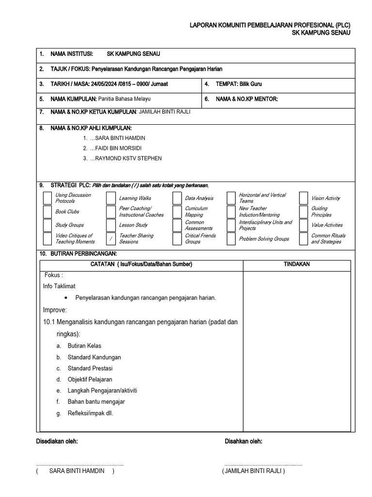 Borang LaporanPLC Panitia BM | PDF