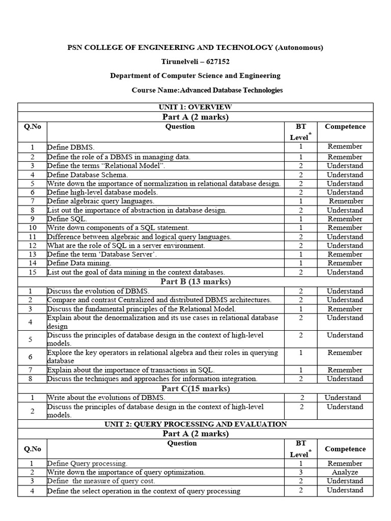 QBANK - Advanced Database Technologies | PDF | Databases | Relational Model