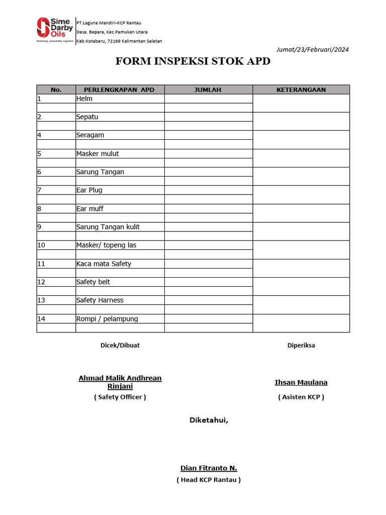 Form Inspeksi Stok APD | PDF