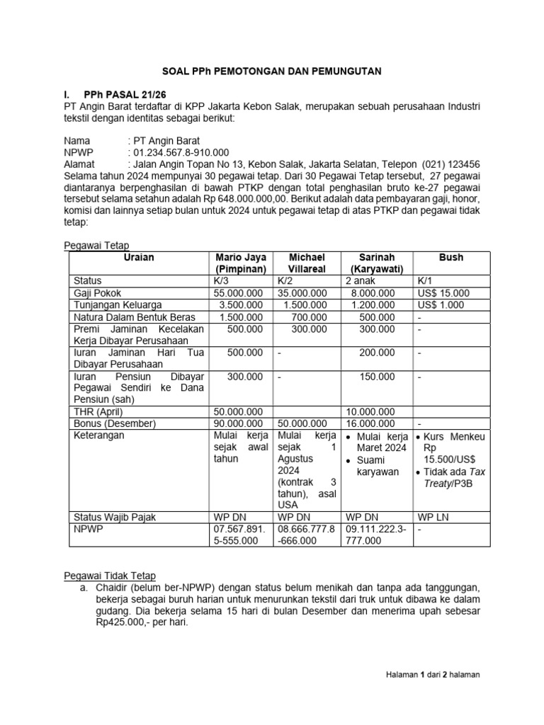 Soal Latihan PPH 21 26 2024 | PDF | Pengelolaan Keuangan & Uang