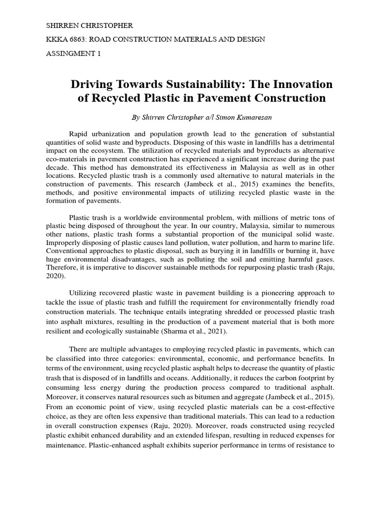 Recycled Plastic in Sustainable Pavement | PDF | Recycling | Sustainability