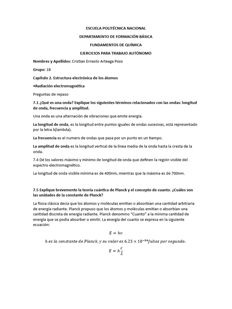 Capítulo 2 Deber 03 Química | PDF | Ligero | Efecto fotoeléctrico