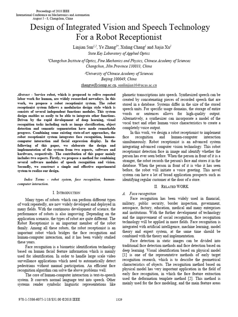 Design of Integrated Vision and Speech Technology For A Robot Receptionist | PDF | Computer ...