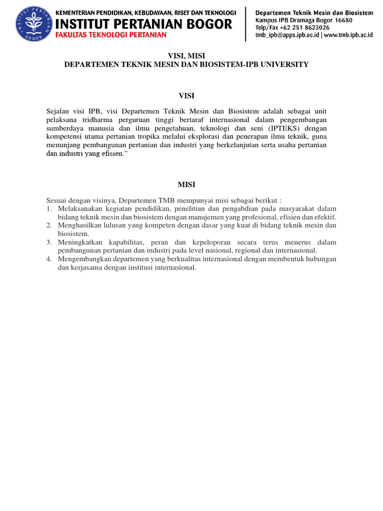 Visi Dan Misi - Departemen Teknik Mesin Dan Biosistem | PDF