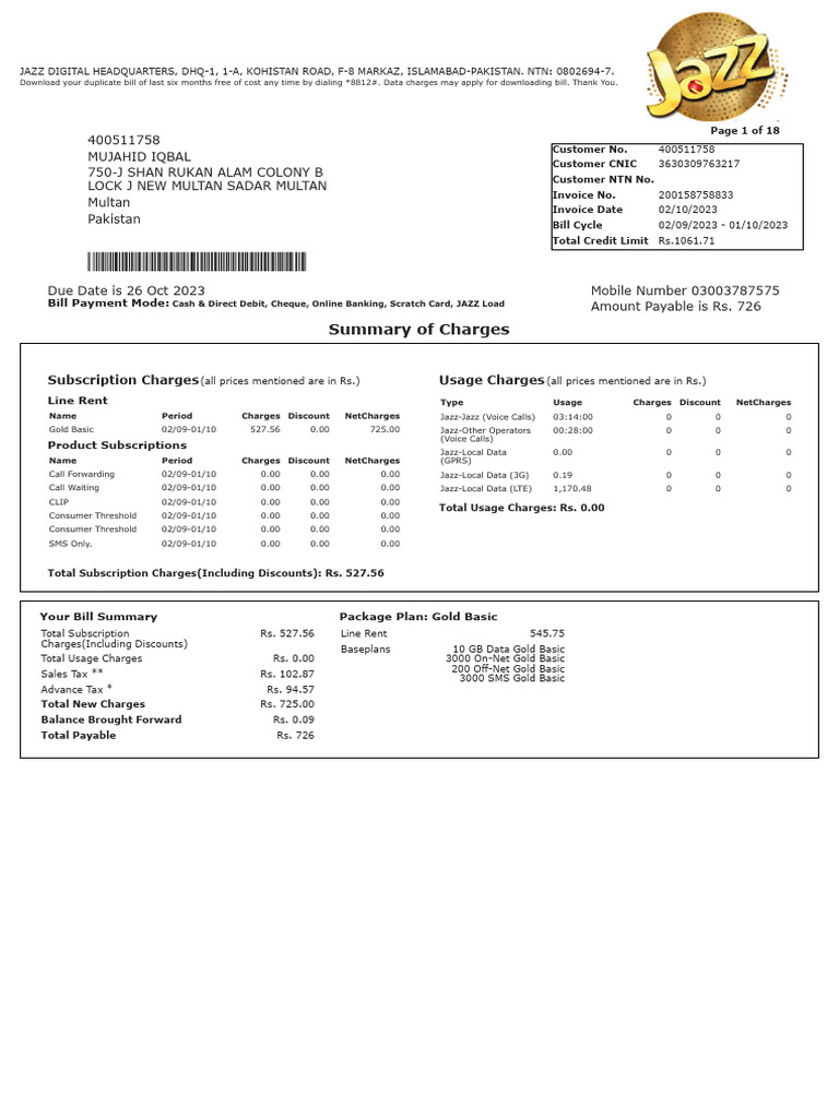 Jazz Postpaid Bill Download Guide | PDF | Taxes | Payments