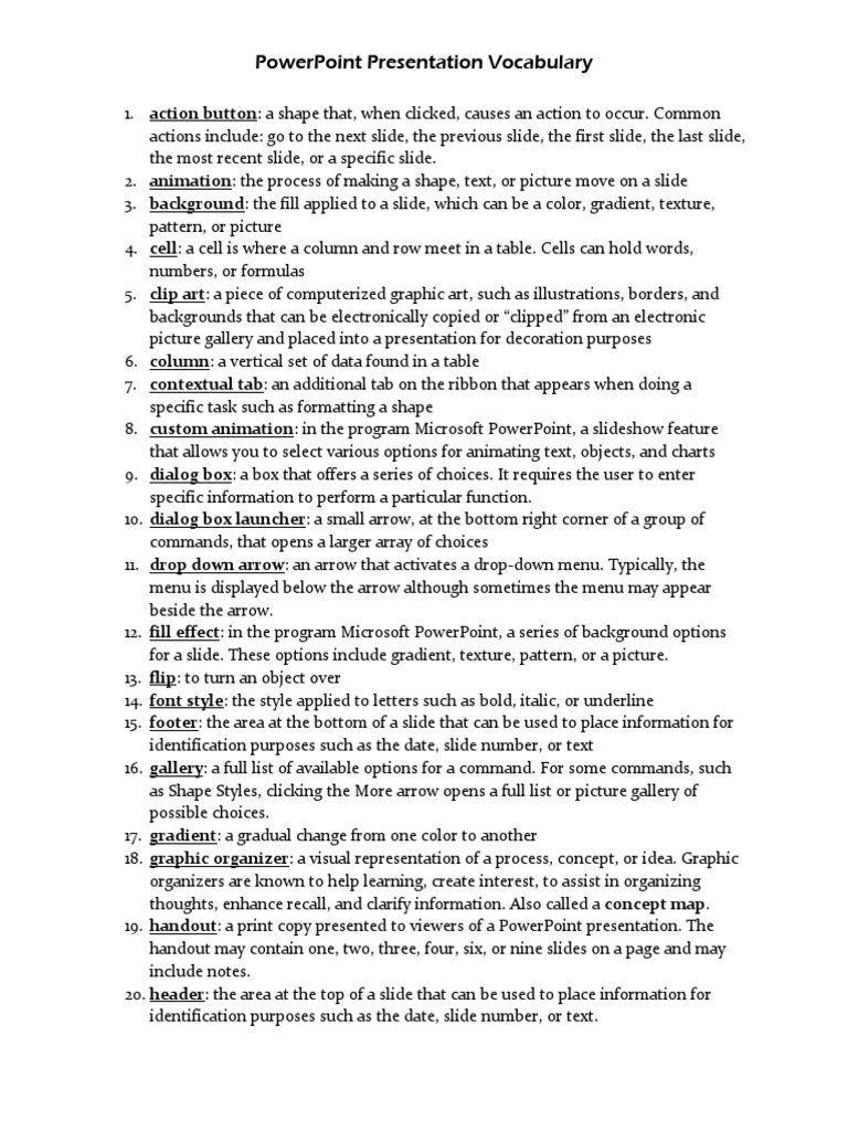 Presentation Vocabulary 2019 | PDF | Microsoft Power Point | Menu ...