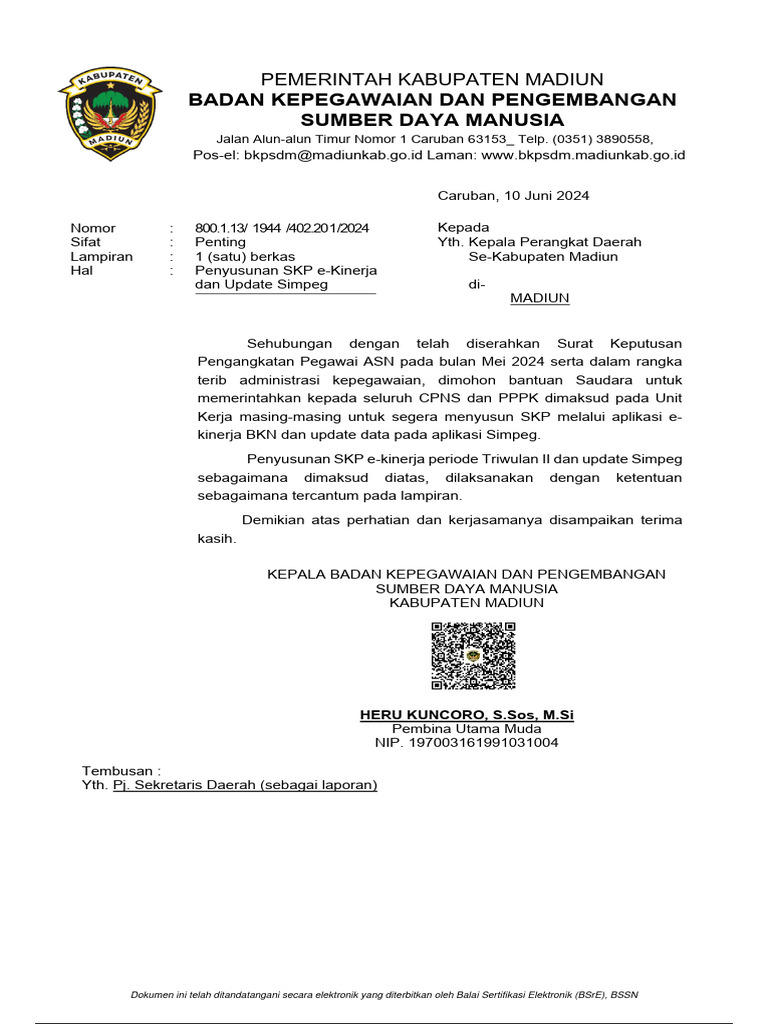 Surat Ekinerja Dan Simpeg Dari BKD | PDF