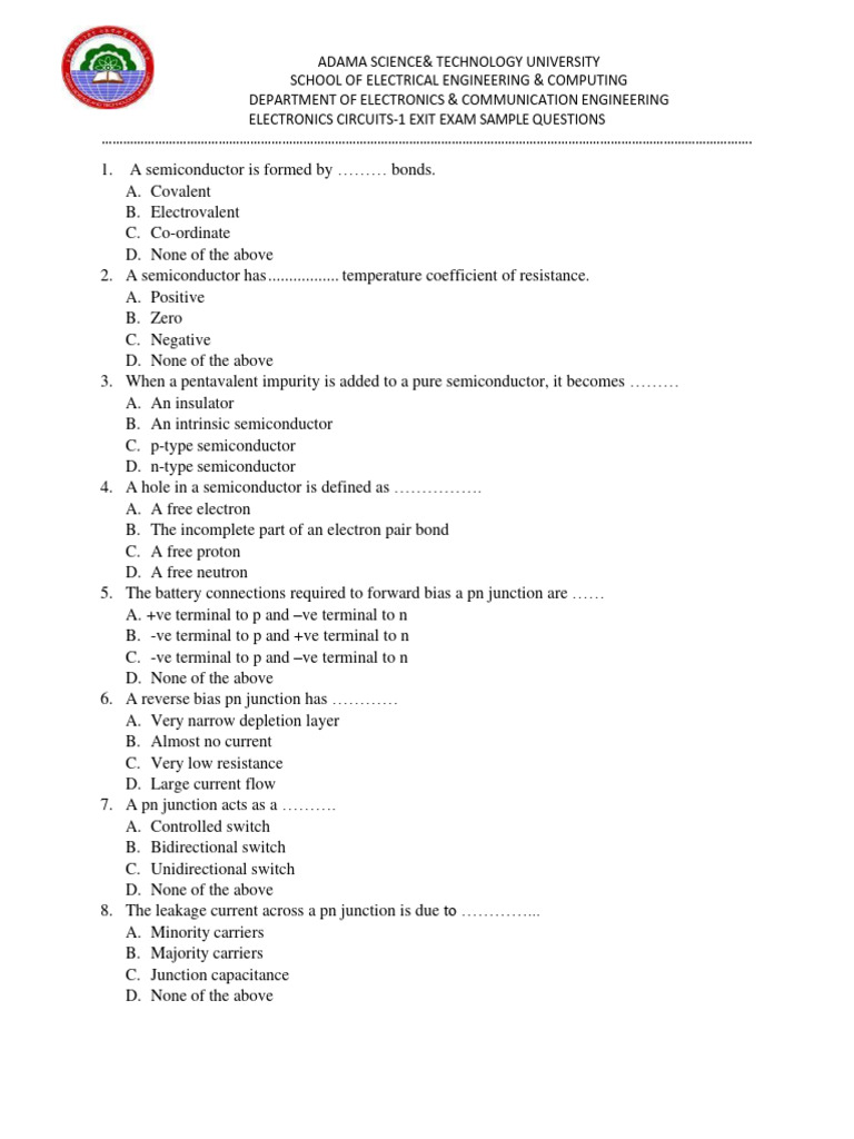 ELECTRONICS CIRCUITS-1 EXIT EXAM Modified | PDF | Field Effect ...