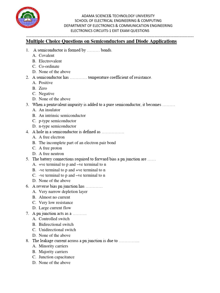 Electronics Circuits-1 Exit Exam | PDF | Field Effect Transistor ...