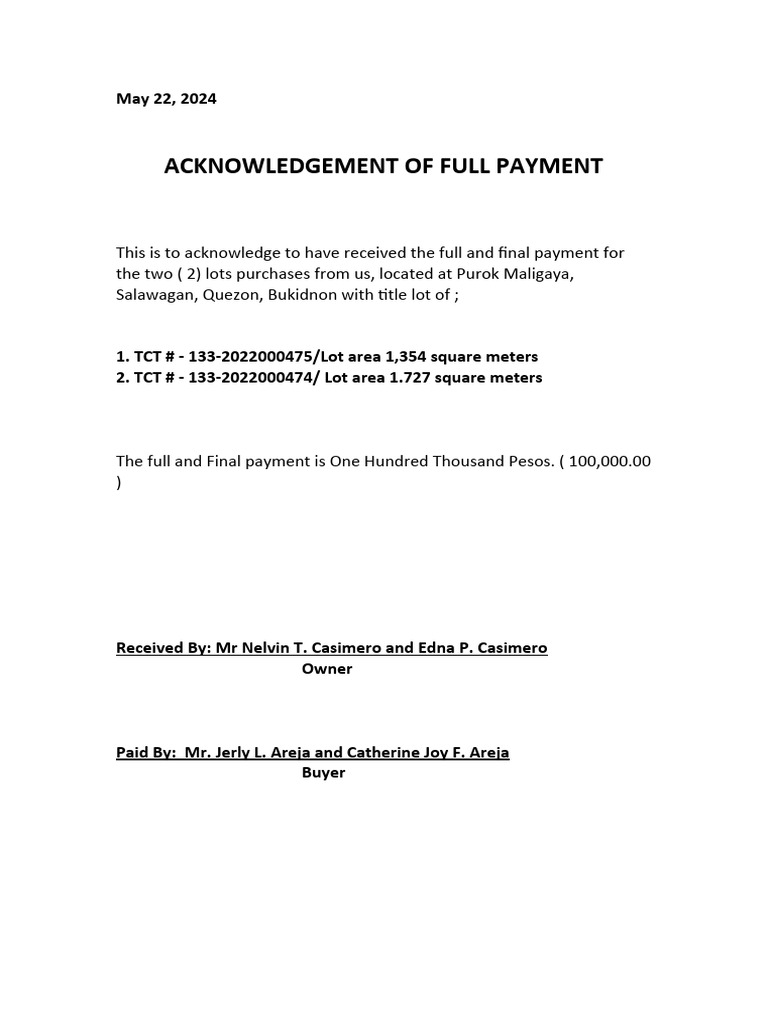 Acknowledgment of Lot Payment Receipt | PDF