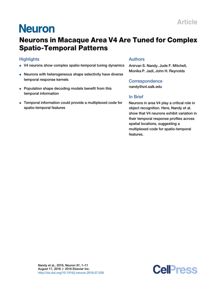 Neurons in Macaque Area V4 Are Tuned For Complex Spatio-Temporal Patterns | PDF | Visual Cortex ...