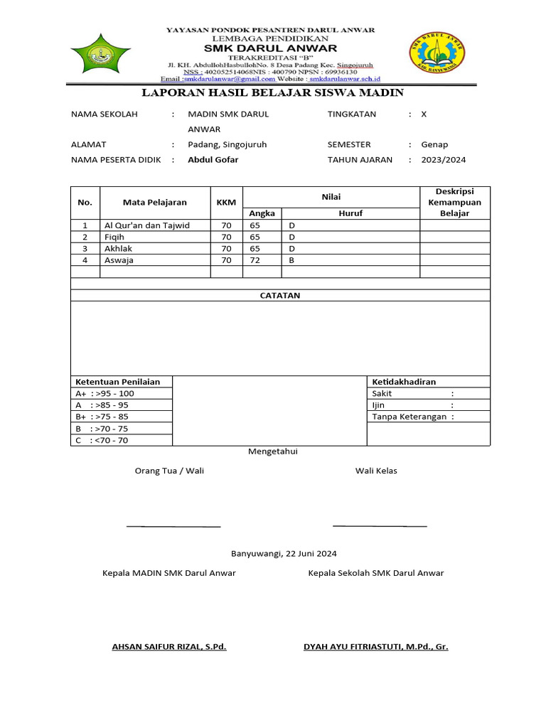 Raport Kelas X Tkro | PDF