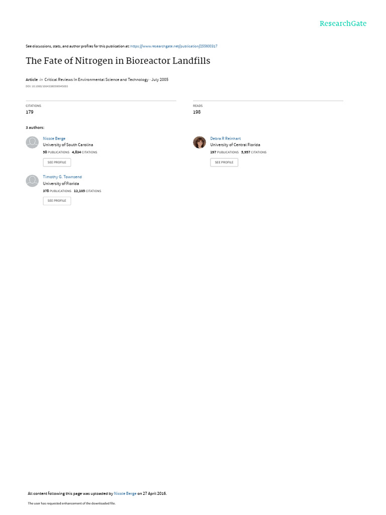 The Fate of Nitrogen in Bioreactor Landfills | PDF | Landfill ...