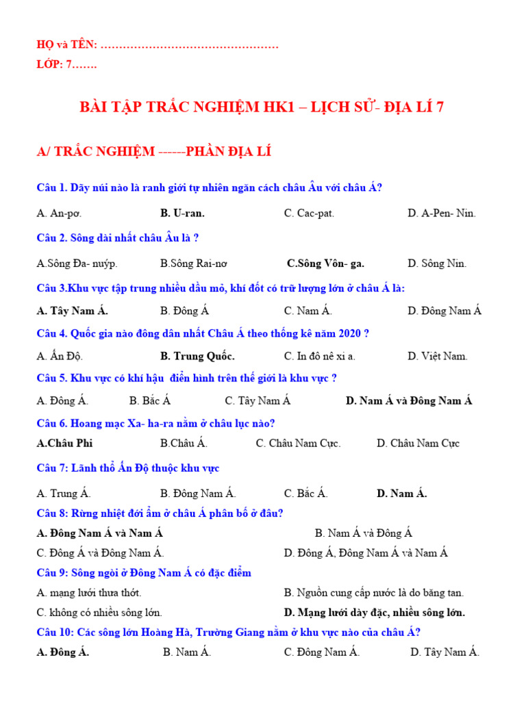 Bài Tập Trắc Nghiệm LS-D9L7-HK1 | PDF