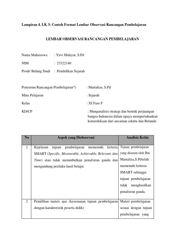 Topik 4 LK 3 Lembar Observasi rancangan dan perangkat pembelajaran - Siklus 1 (Yuvi Hidayat) PPL ...