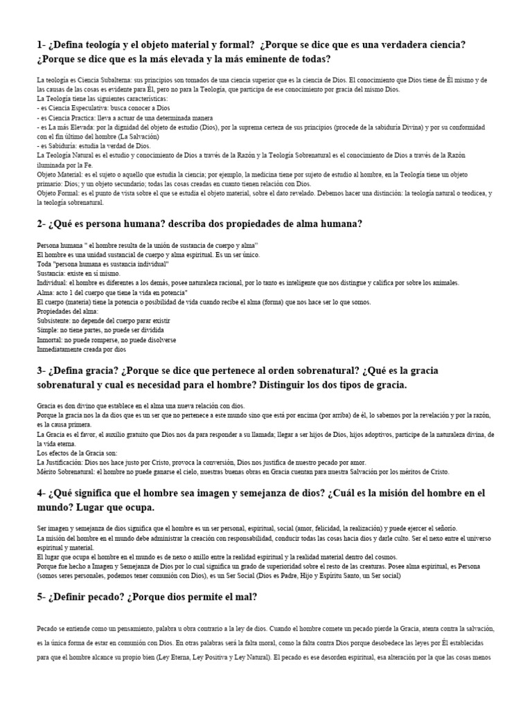 Preguntas Con RESPUESTA de Finales de Teologia. | PDF | Gracia divina | Teología