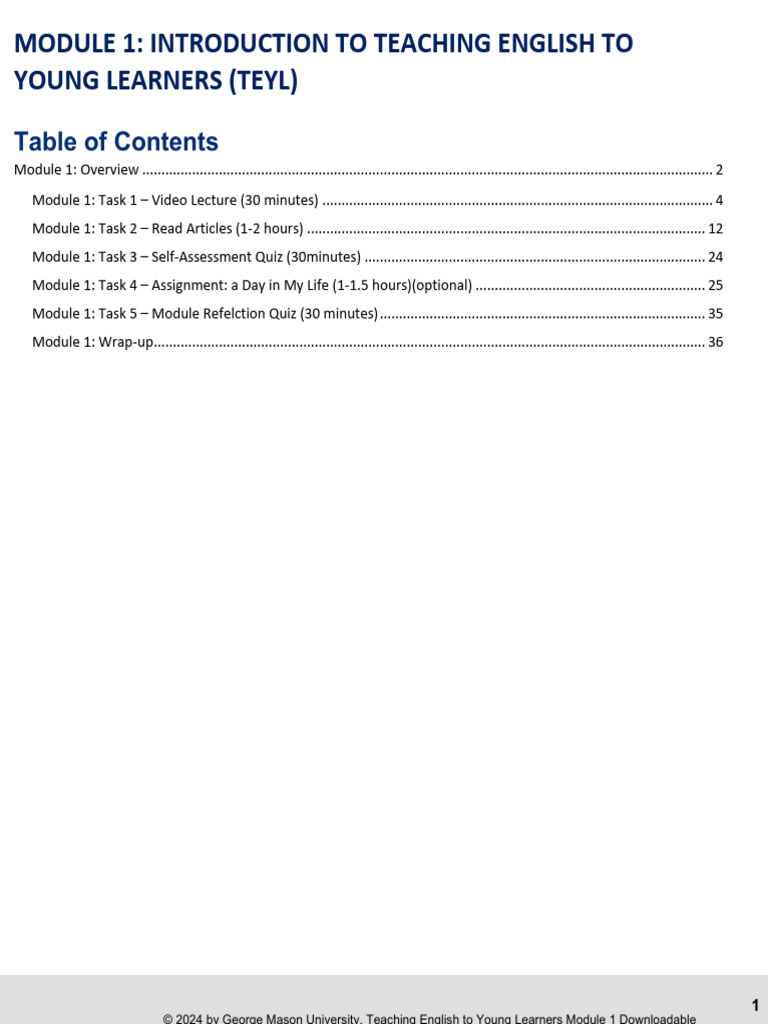 Module 1 Packet - TEYL MOOC - 2024 | PDF | Learning | Classroom