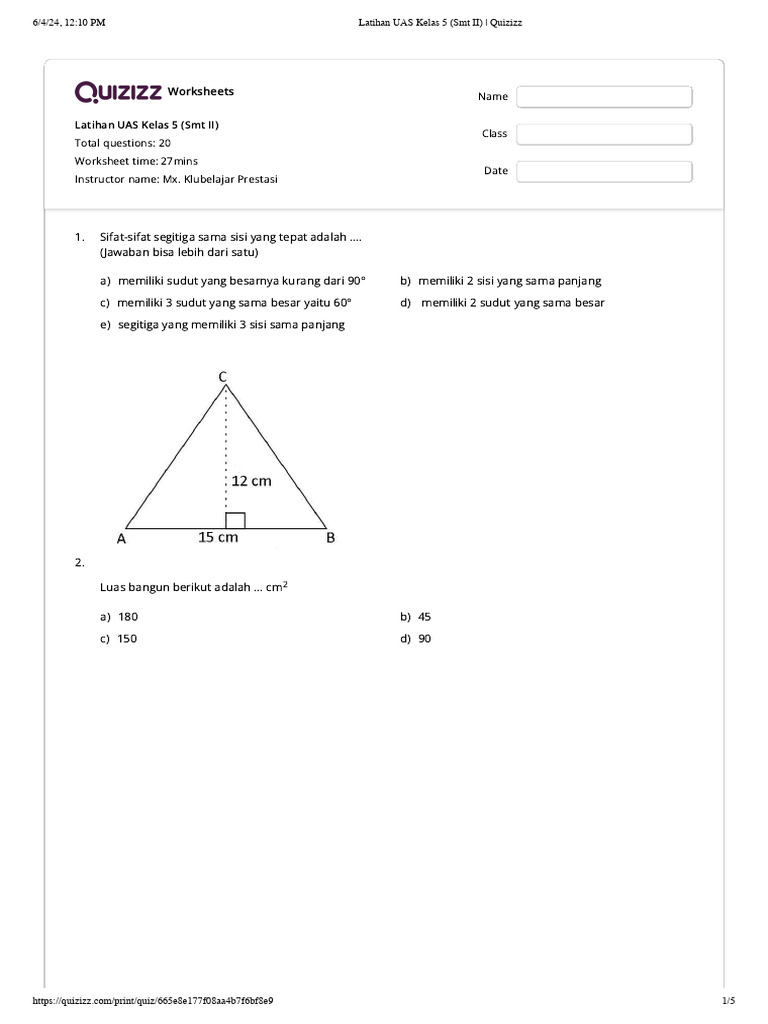 Latihan UAS Kelas 5 (SMT II) - Quizizz | PDF
