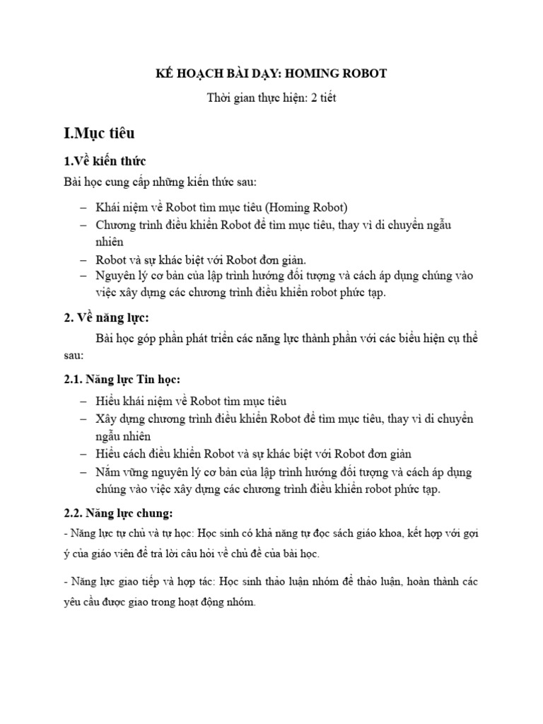 KẾ HOẠCH BÀI DẠY Homing Robot | PDF