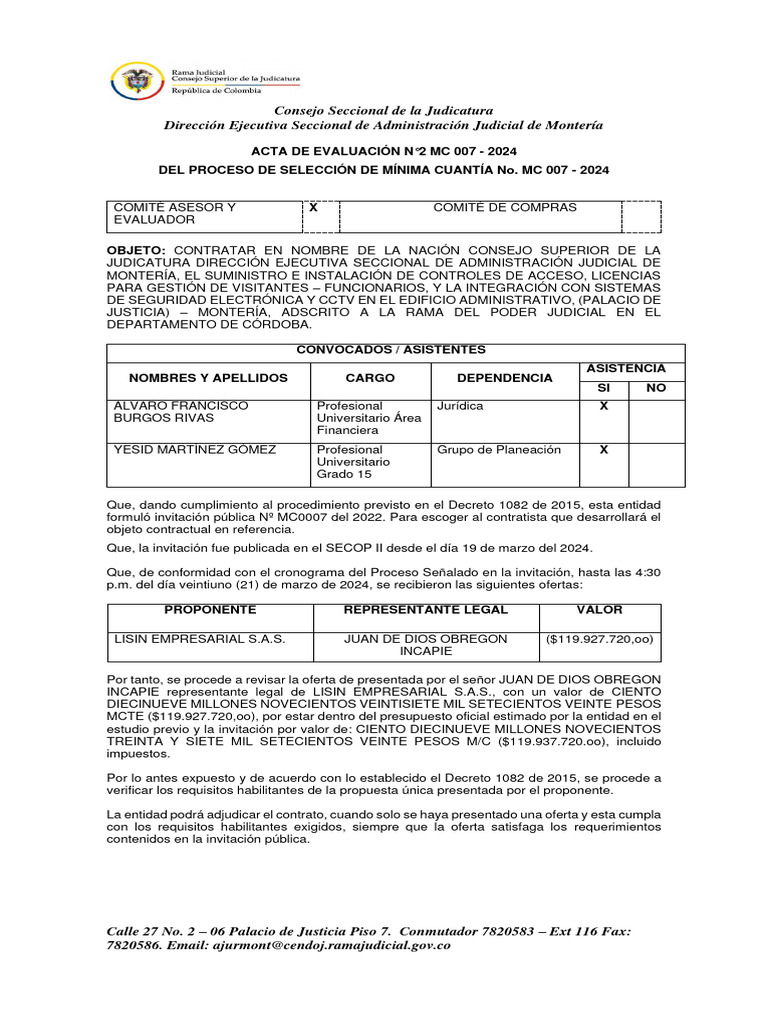 Acta de Evaluación MC 007 Control de Acceso 2 | PDF | Circuito cerrado ...