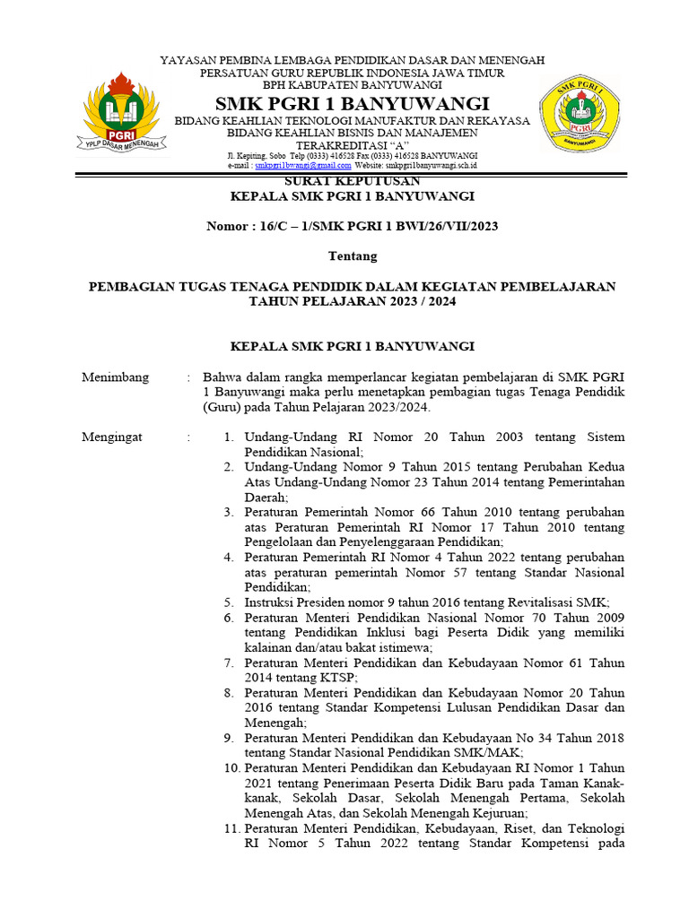 SK Pembagian Jam Mengajar 2324 | PDF