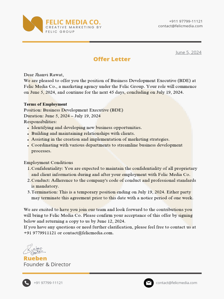 Offer Letter - Felic Media Co. | PDF | Business