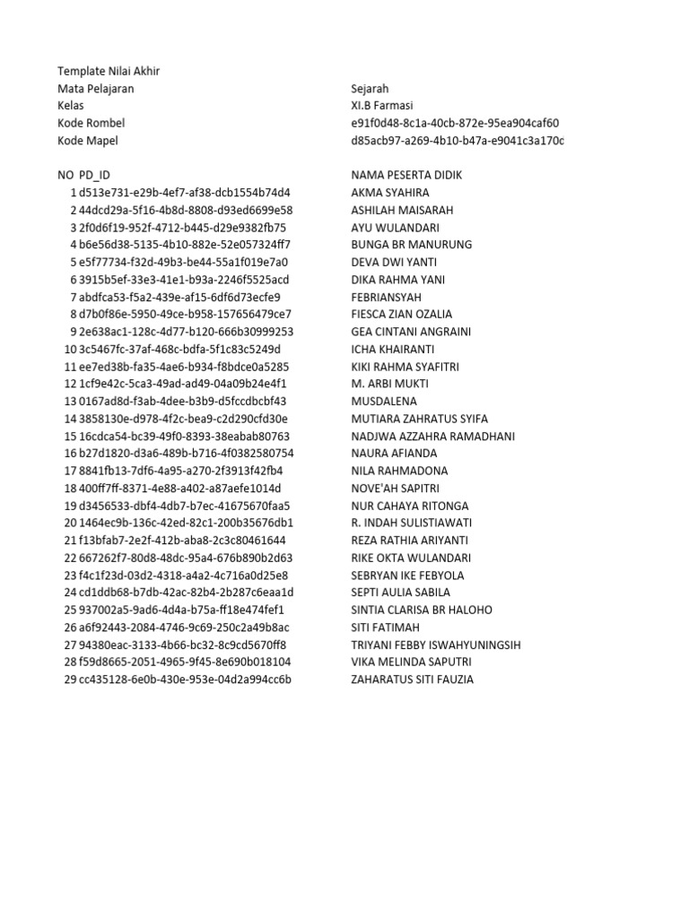 Template-Nilai-Akhir-Mata-Pelajaran-Sejarah-Kelas-XIB-Farmasi(1) | PDF