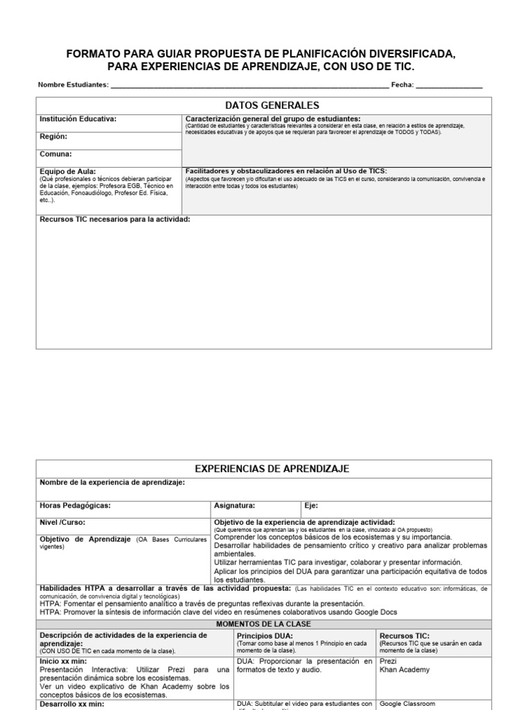 Formato Planificacion Con Tic y Dua | PDF | Aprendizaje | Tecnología de información y comunicaciones