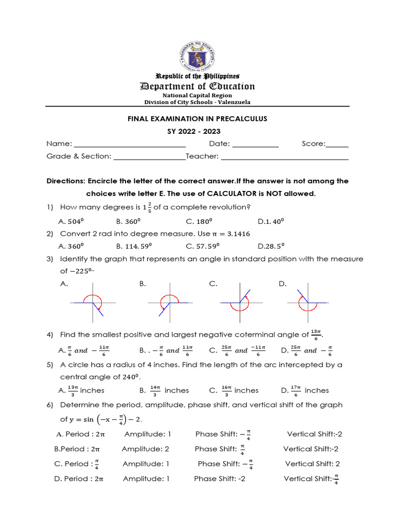 PRECAL | PDF | Pi | Angle