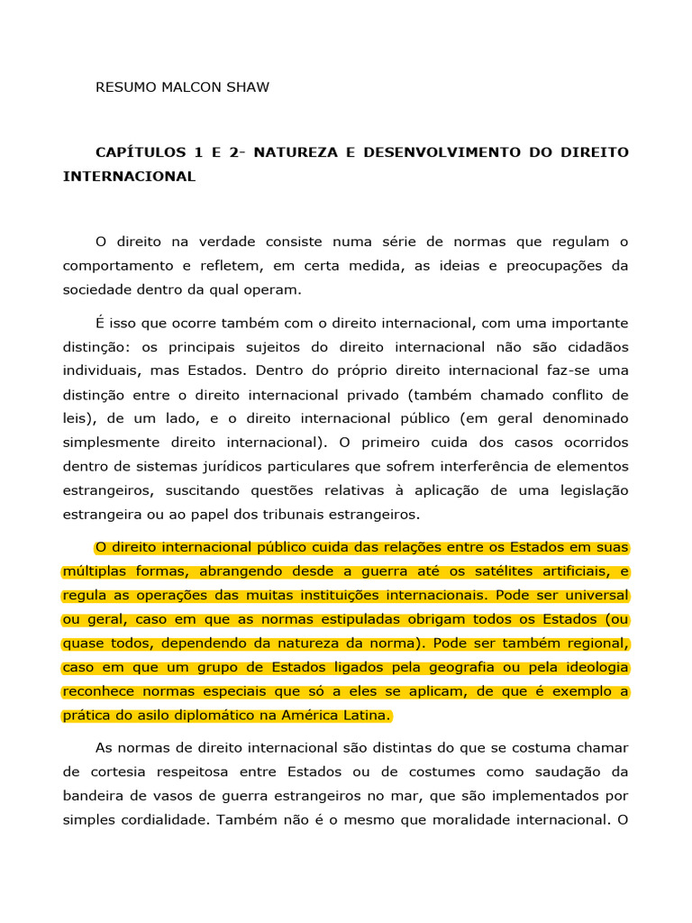 Malcolm Shaw - Resumo | PDF | Direito Internacional | Estado