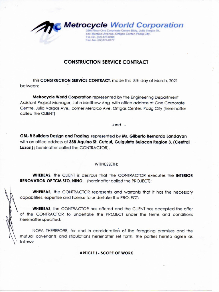 Metorcycle World Corporation Contract | PDF