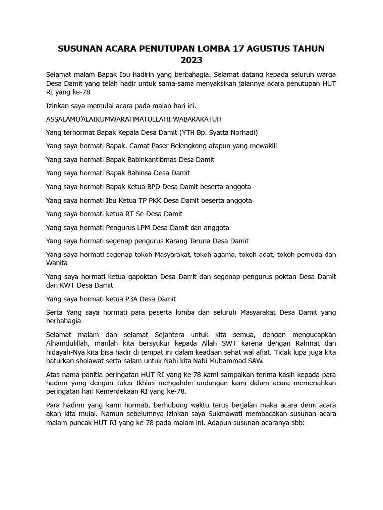 Susunan Acara Penutupan Lomba 17 Agustus Tahun 2023 | PDF
