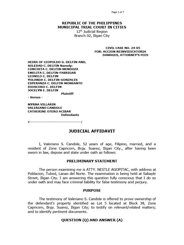 Judicial Affidavit in Property Dispute | PDF | Complaint | Affidavit
