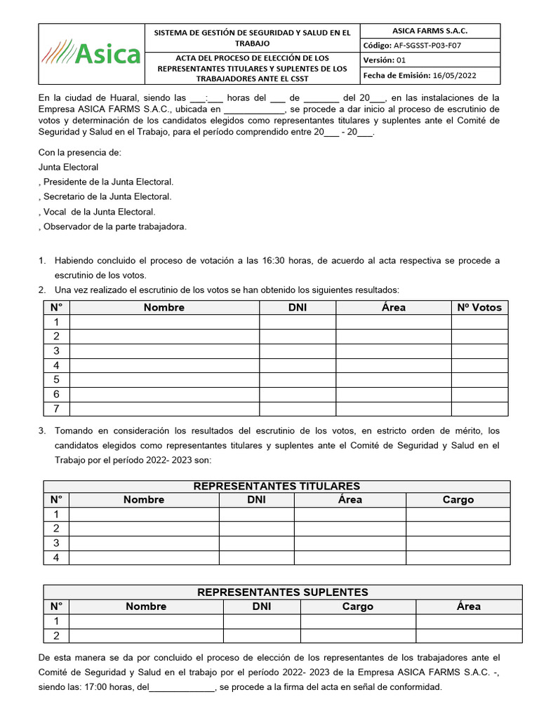 ASF-SSOMA-P03-F07 Acta Del Proceso de Eleccion | PDF | Documento de identidad | Gobierno
