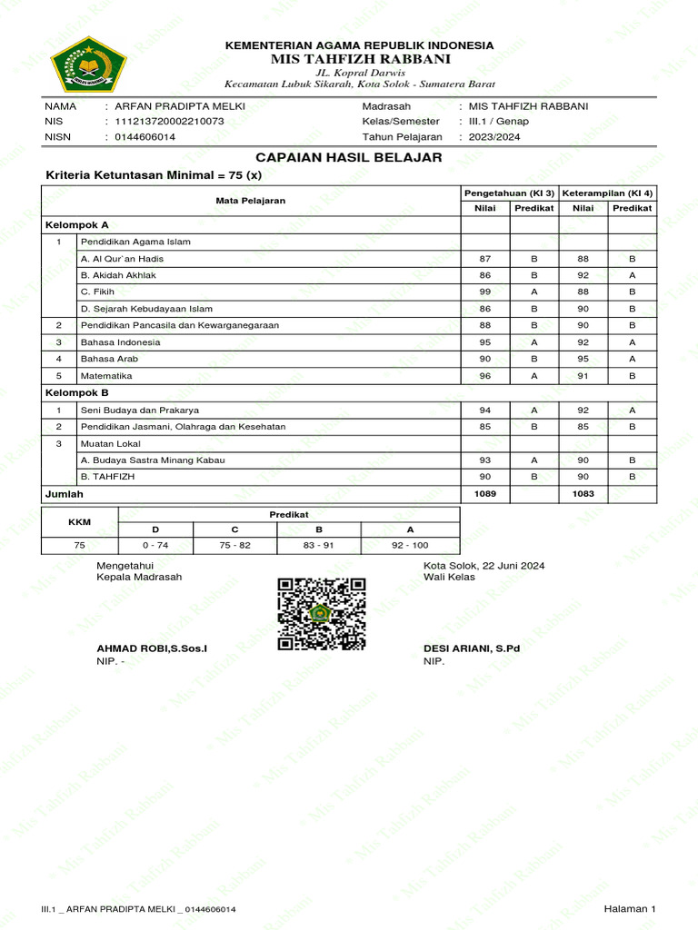 Nilai Kelas III.1 | PDF