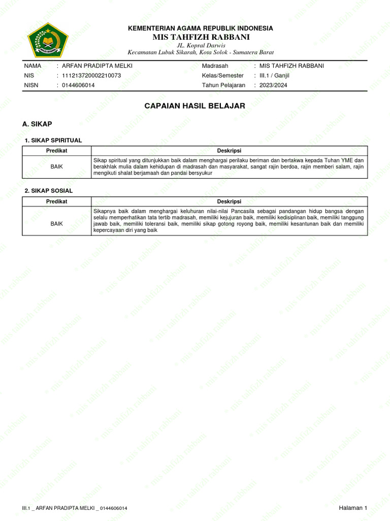 Rapor Kelas III.1 | PDF