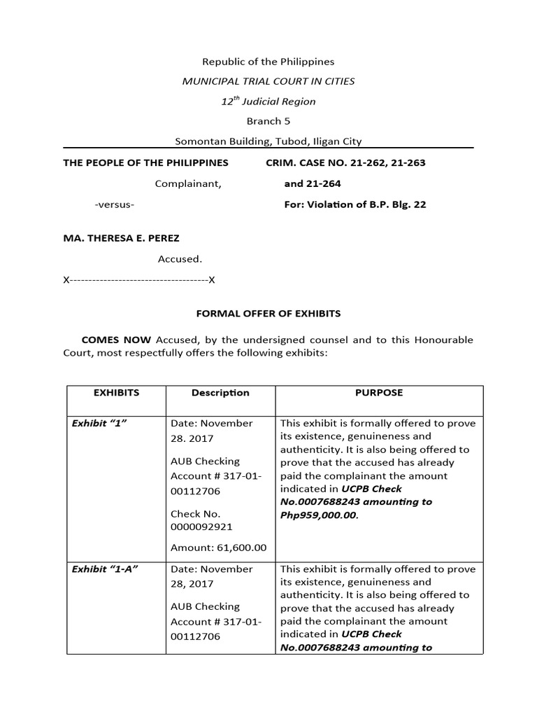 Ventoza Vs Perez BP22 FORMAL OFFER | PDF | Common Law | Government